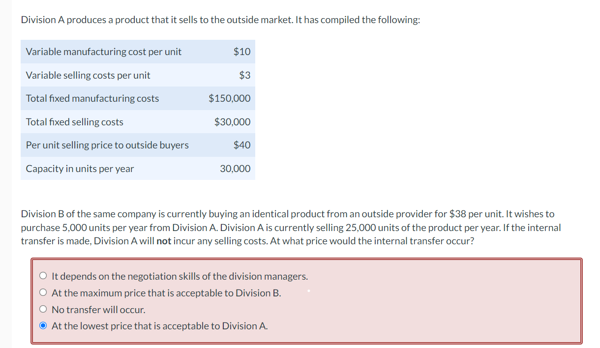Solved Division A produces a product that it sells to the | Chegg.com