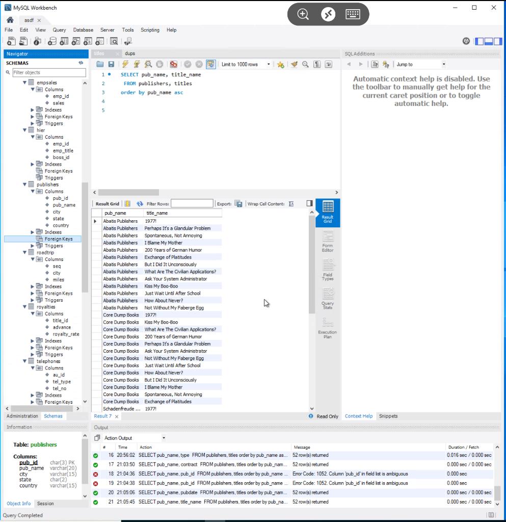 Solved 1 - SELECT pub_name, title_name 2 From publishers, | Chegg.com
