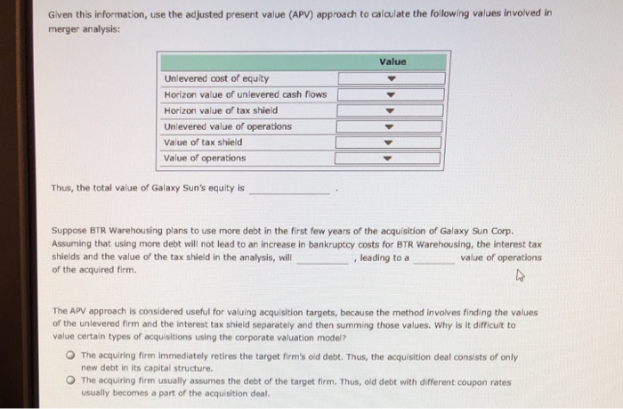 Solved 4 Merger analysis Adjusted present value (APV) | Chegg.com