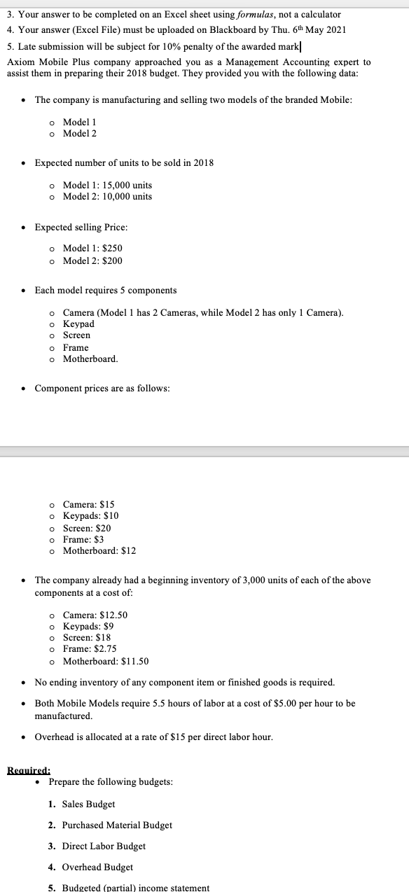 Solved 3. Your answer to be completed on an Excel sheet | Chegg.com