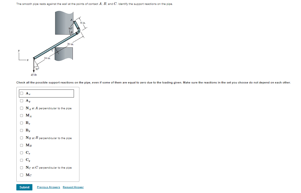 Solved The smooth pipe rests against the wall at the points | Chegg.com