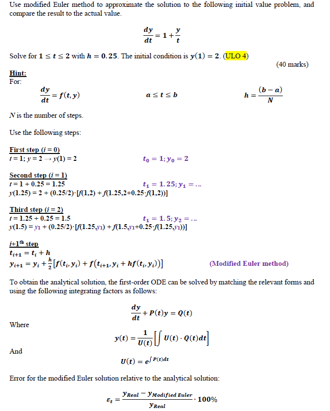 Solved Use modified Euler method to approximate the solution | Chegg.com