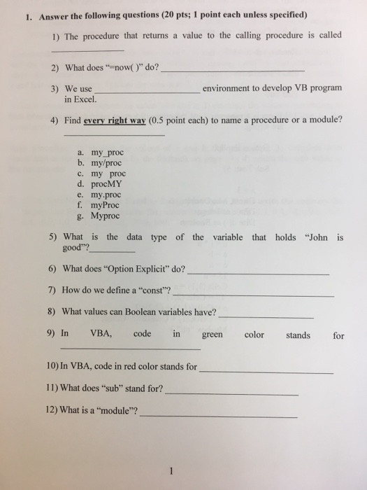 Solved 1) The procedure that returns a value to the calling | Chegg.com