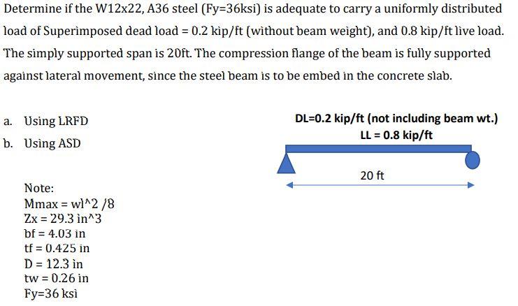 Solved Determine if the W12x22, A36 steel (Fy=36ksi) is | Chegg.com