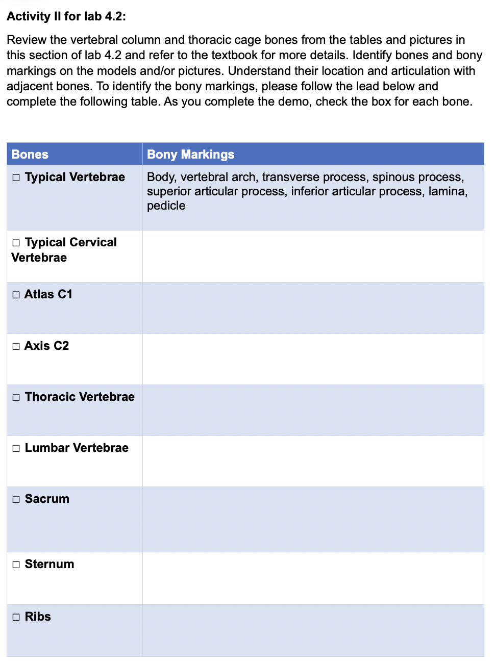 Solved Activity II for lab 4.2: Review the vertebral column | Chegg.com