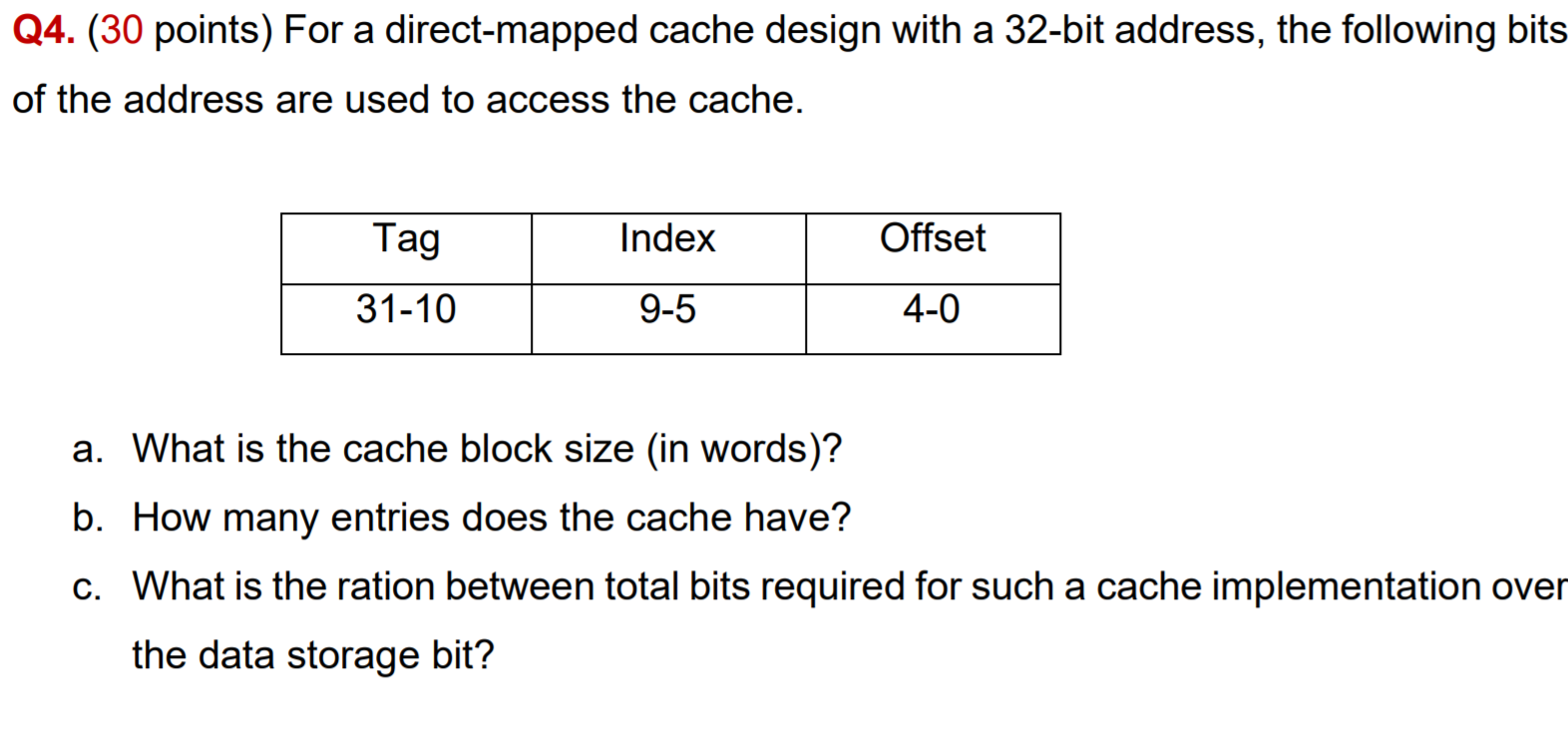 Solved Q4. (30 points) For a direct-mapped cache design with | Chegg.com