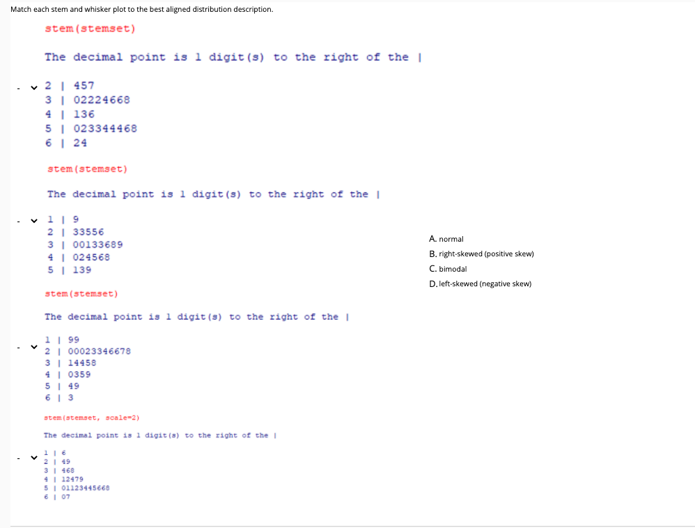 Solved Match each stem and whisker plot to the best aligned | Chegg.com