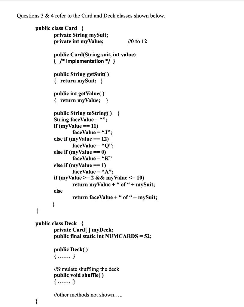 Solved Questions 3 & 4 refer to the Card and Deck classes | Chegg.com