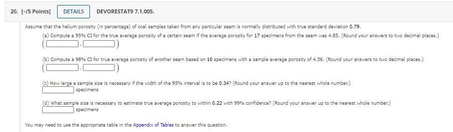 Solved 20. [-/5 points) DETAILS DEVORESTAT9 7.1.005. Assume | Chegg.com