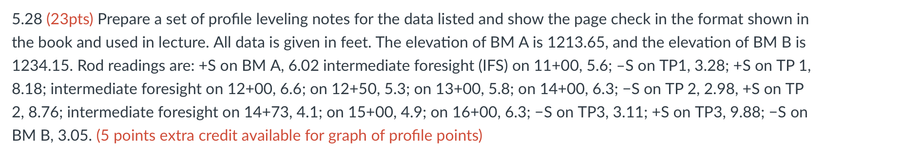 Solved 5.28 (23pts) Prepare a set of profile leveling notes | Chegg.com