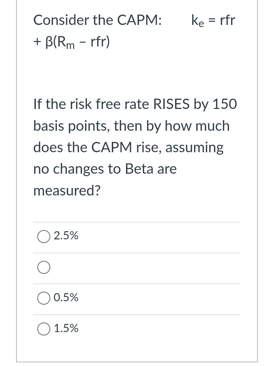 Solved Consider the CAPM: ke=rfr +β(Rm−rfr) If the risk free | Chegg.com
