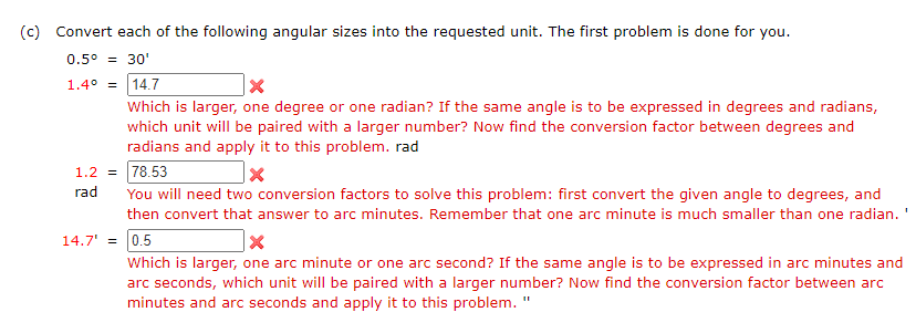 Solved (c) ﻿Convert each of the following angular sizes into | Chegg.com