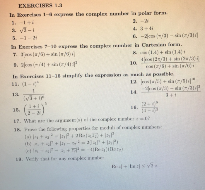Solved EXERCISES 1.3 In Exercises 1-6 express the complex | Chegg.com