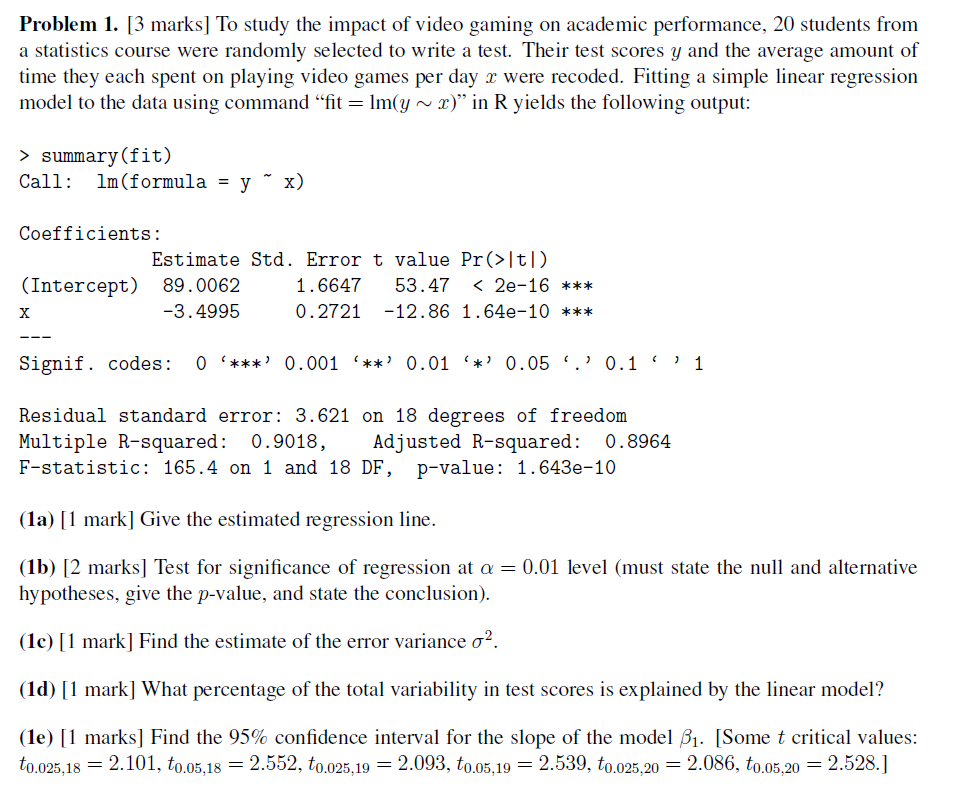 Solved Problem 1. [3 marks] To study the impact of video | Chegg.com