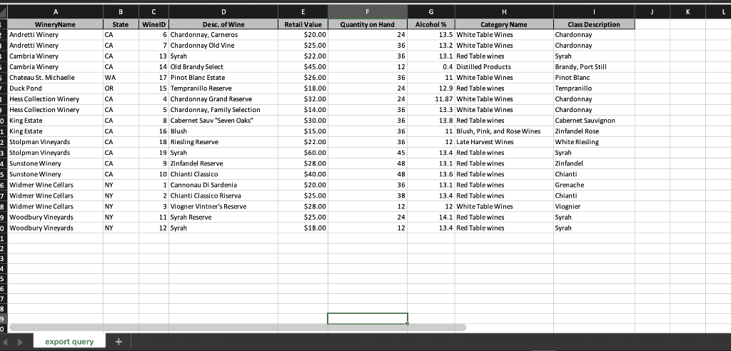 1. Use the worksheet Export Query in the Excel | Chegg.com