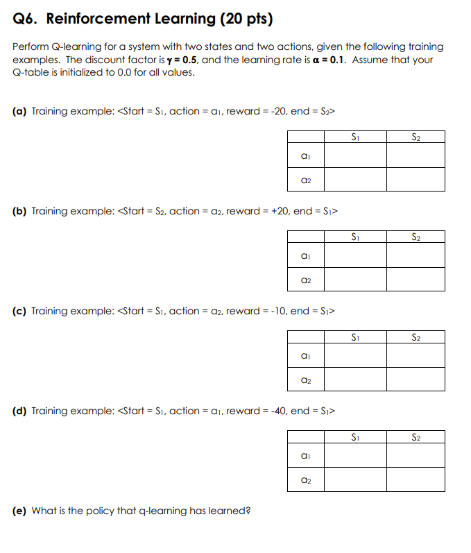 Q6. Reinforcement Learning (20 pts) Perform | Chegg.com