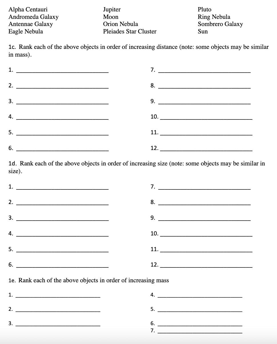 1c. Rank each of the above objects in order of | Chegg.com