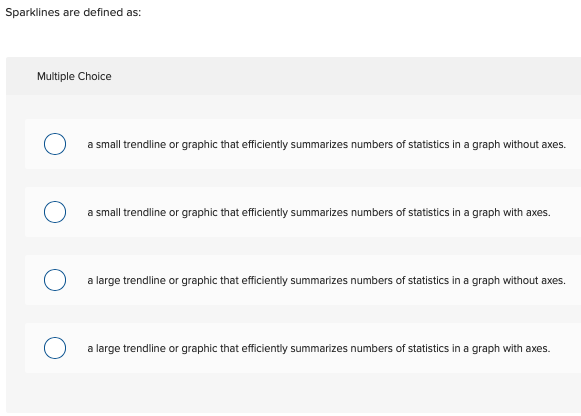 Solved Sparklines are defined as: Multiple Choice a small | Chegg.com