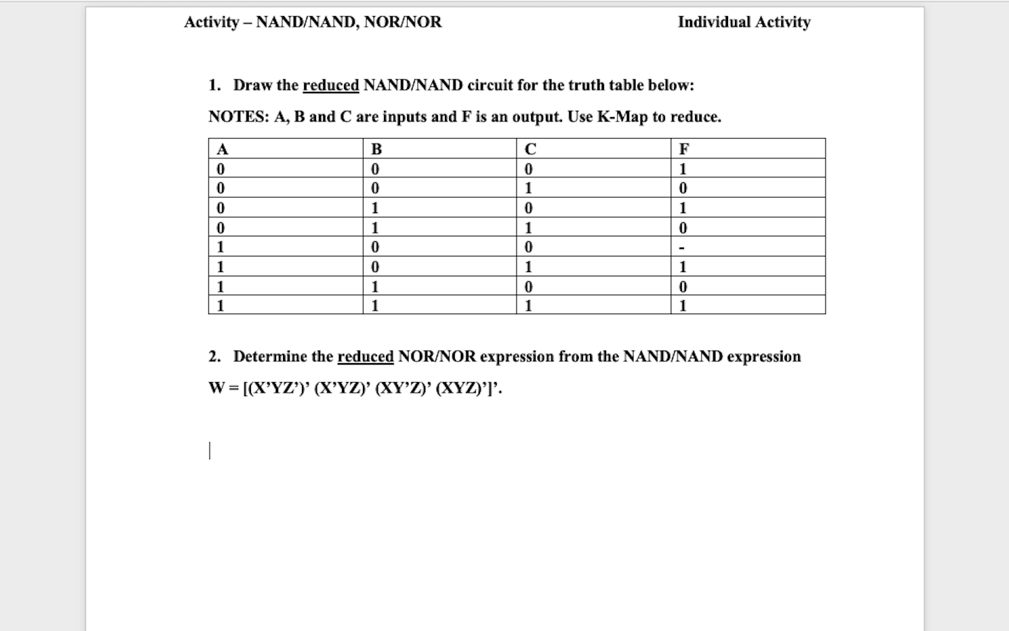 Solved Activity – NAND/NAND, NOR/NOR Individual Activity 1. | Chegg.com