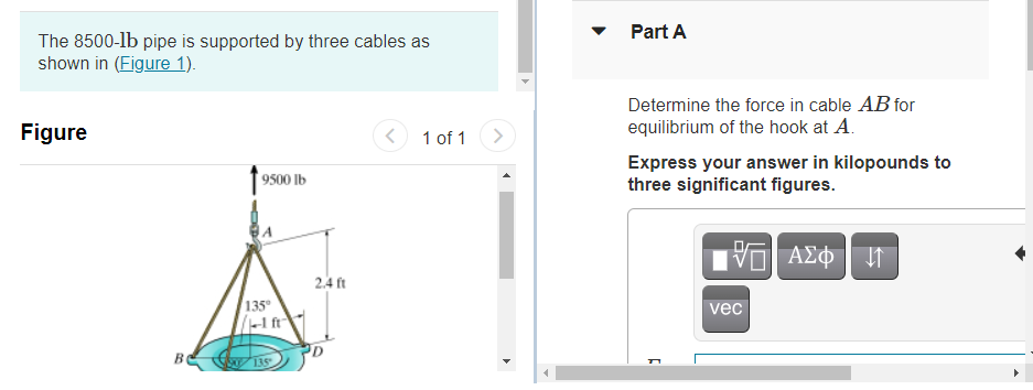 Solved Part The 8500-lb pipe is supported by three cables as | Chegg.com