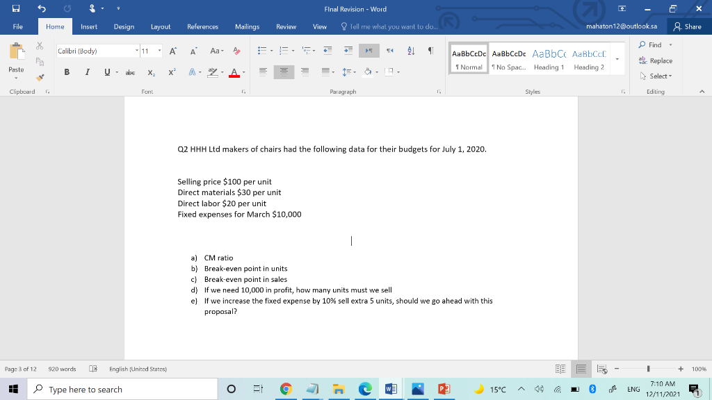 Solved 5 Final Revision - Word х File Home Insert Design | Chegg.com
