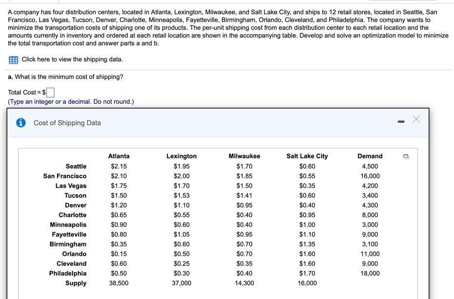 Solved A company has four distribution centers, located in | Chegg.com