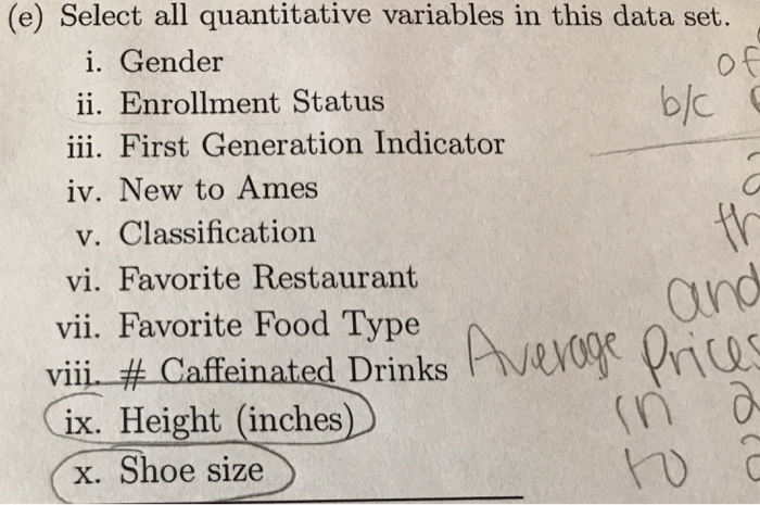 Solved (e) Select all quantitative variables in this data | Chegg.com