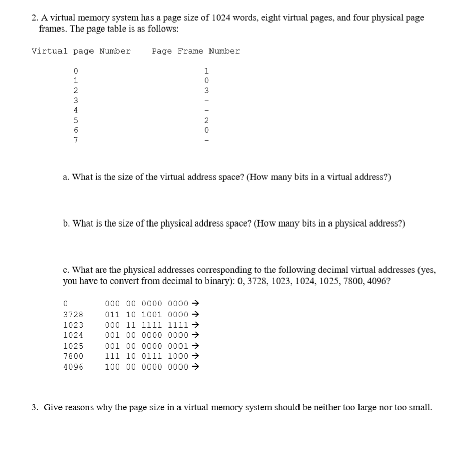 2. A virtual memory system has a page size of 1024 | Chegg.com