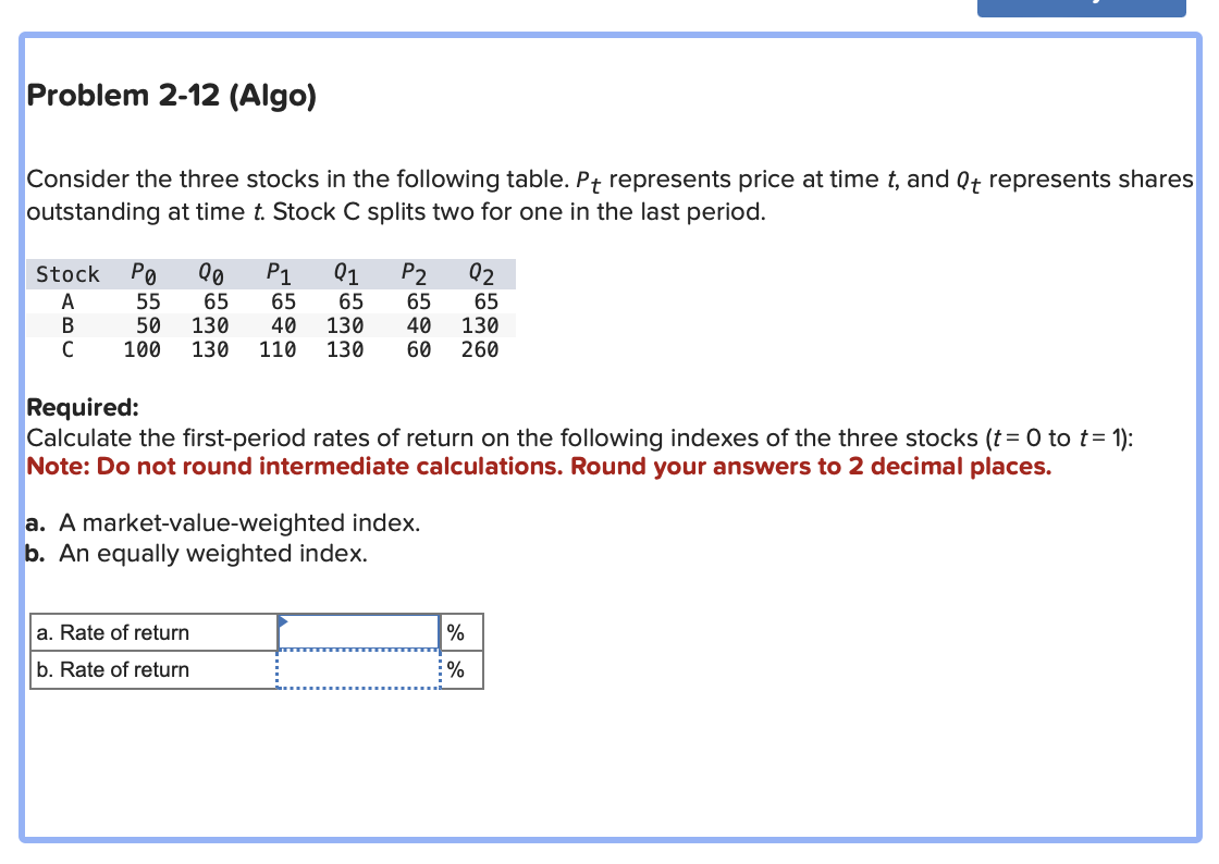 Solved Problem 2-12 (Algo)Consider the three stocks in the | Chegg.com
