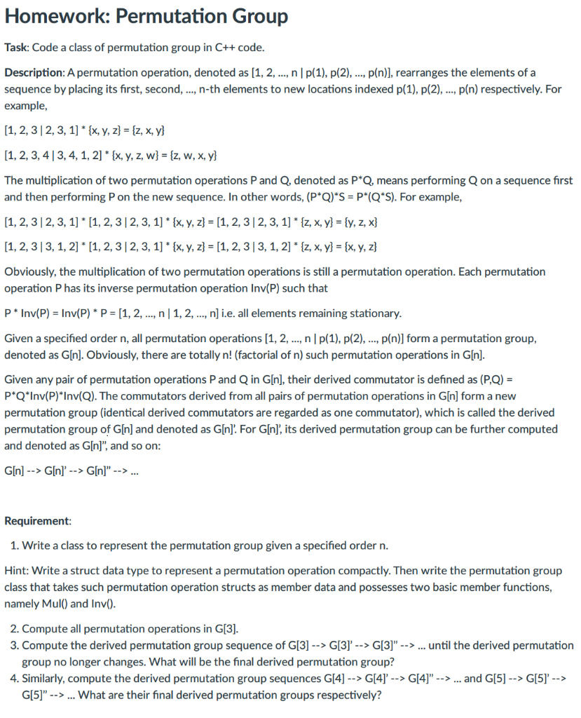 Homework: Permutation Group Task: Code a class of | Chegg.com