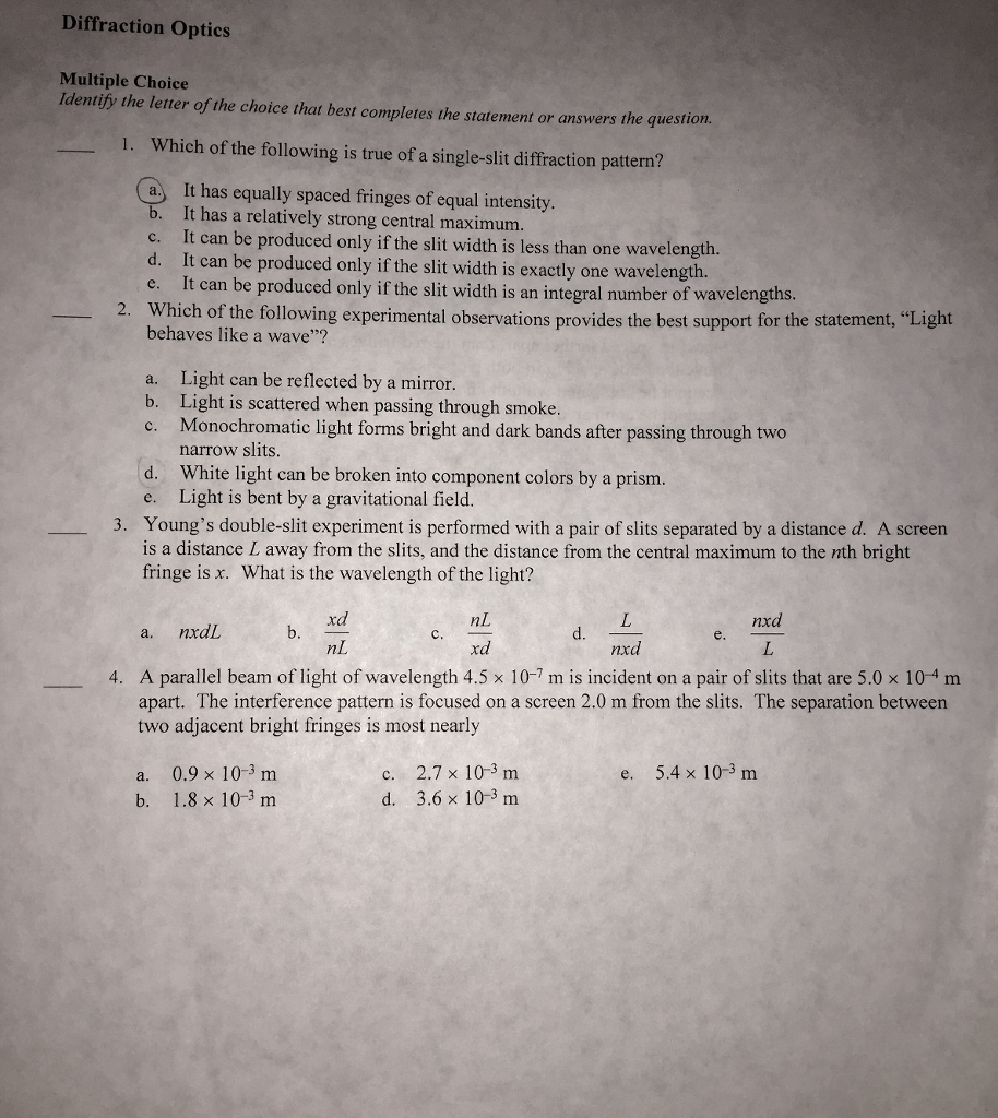 Solved Diffraction Optics Multiple Choice Identify the | Chegg.com