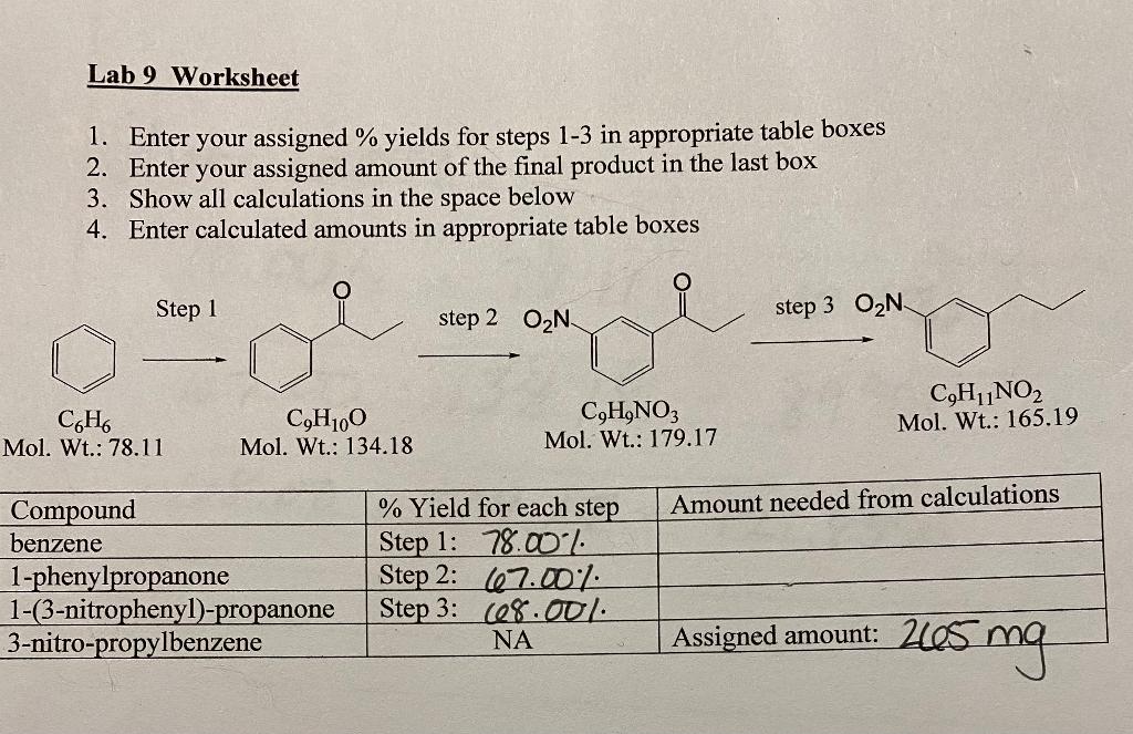 Solved Lab 9 Worksheet 1. Enter your assigned % yields for | Chegg.com