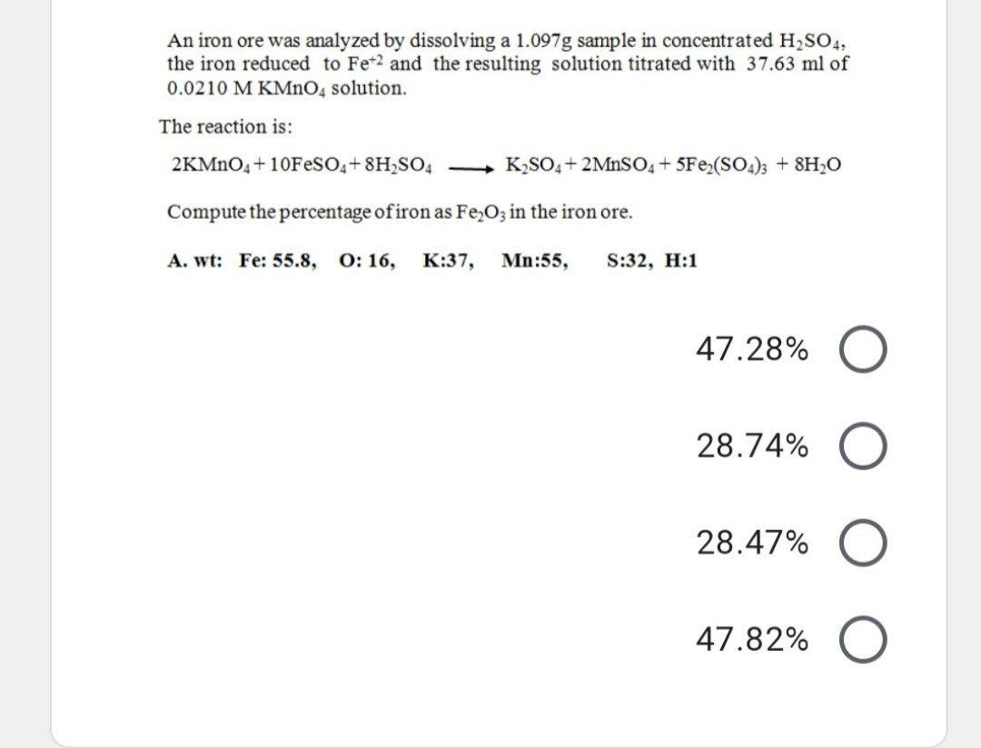 Solved An Iron Ore Was Analyzed By Dissolving A 1 097g