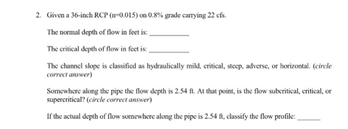 Solved Given a 36-inch RCP (n-0.015) on 0.8% grade carrying | Chegg.com
