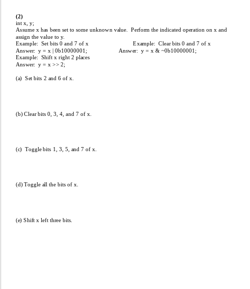 Solved (2) int x, y; Assume x has been set to some unknown | Chegg.com