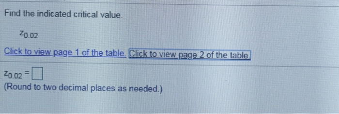 Solved Find the indicated critical value. Z0.02 Click to | Chegg.com
