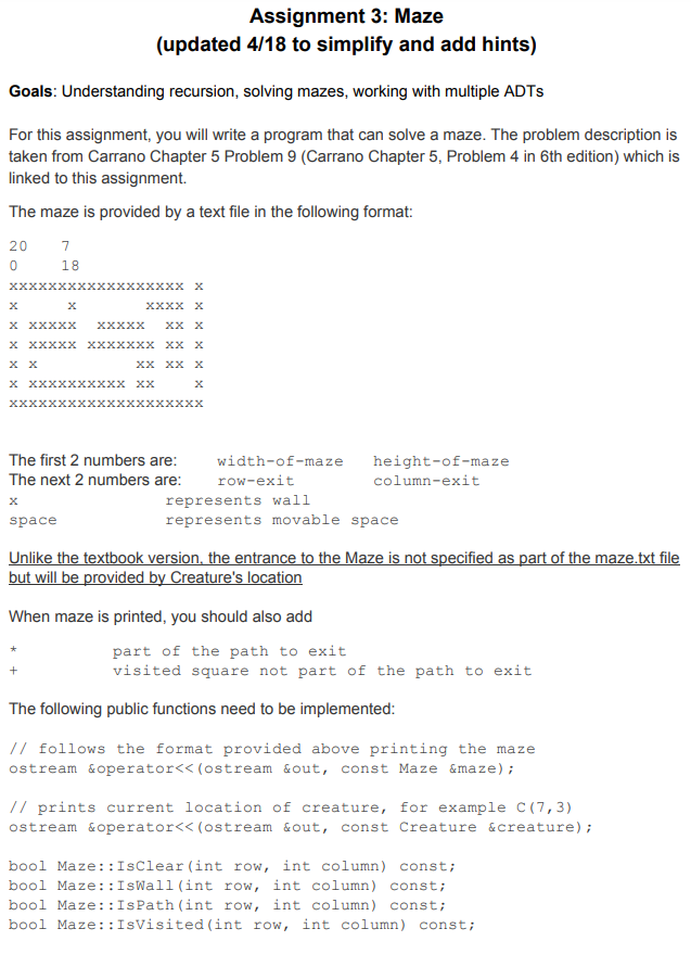 Assignment 3: Maze (updated 4/18 to simplify and add | Chegg.com