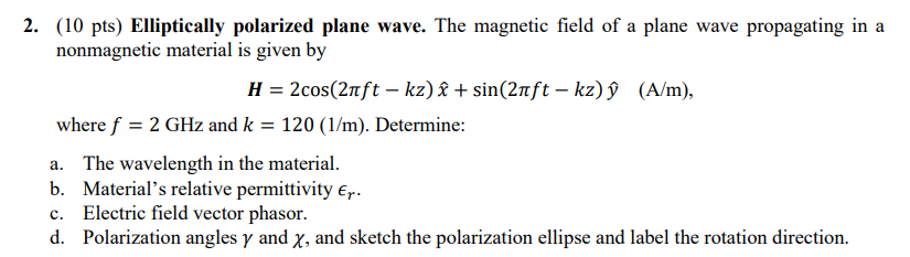 Solved (10 pts) Elliptically polarized plane wave. The | Chegg.com