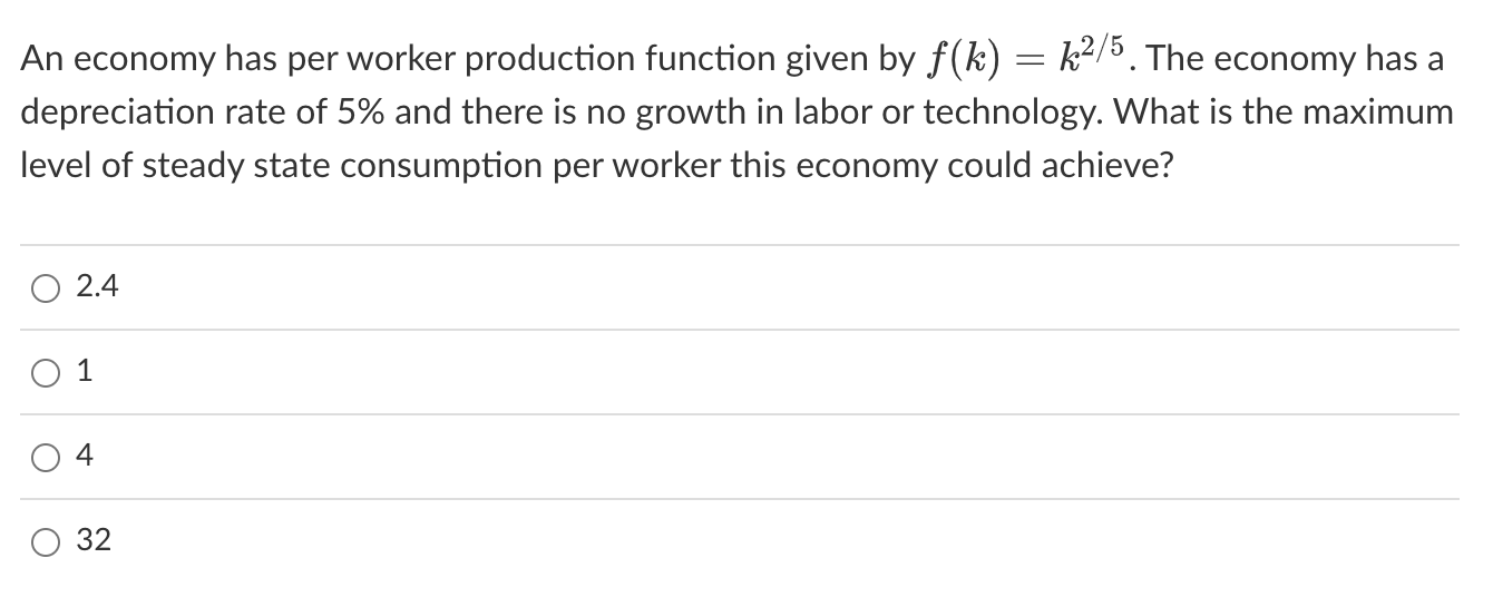 Solved An Economy Has Per Worker Production Function Given