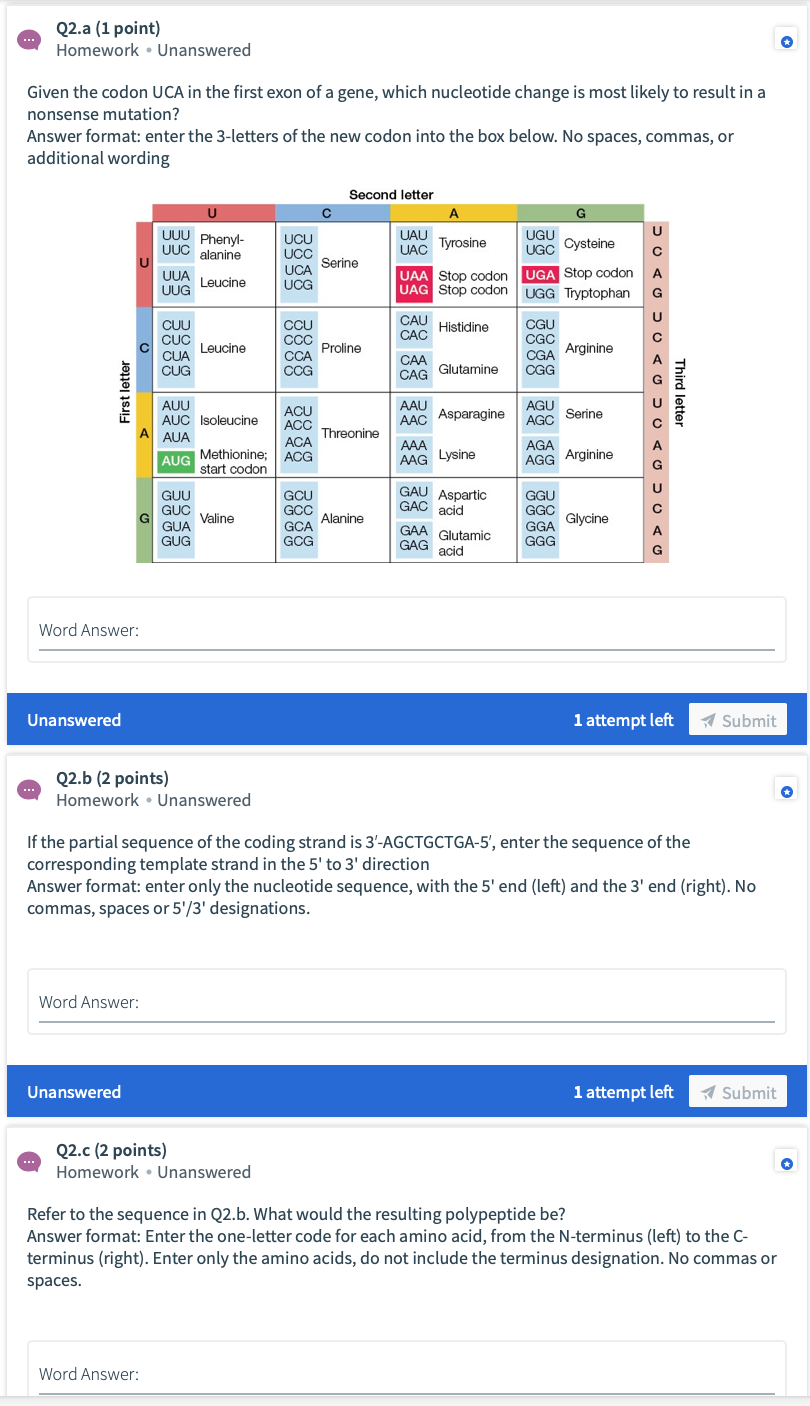 Solved Q2.a (1 point) Homework. Unanswered Given the codon | Chegg.com