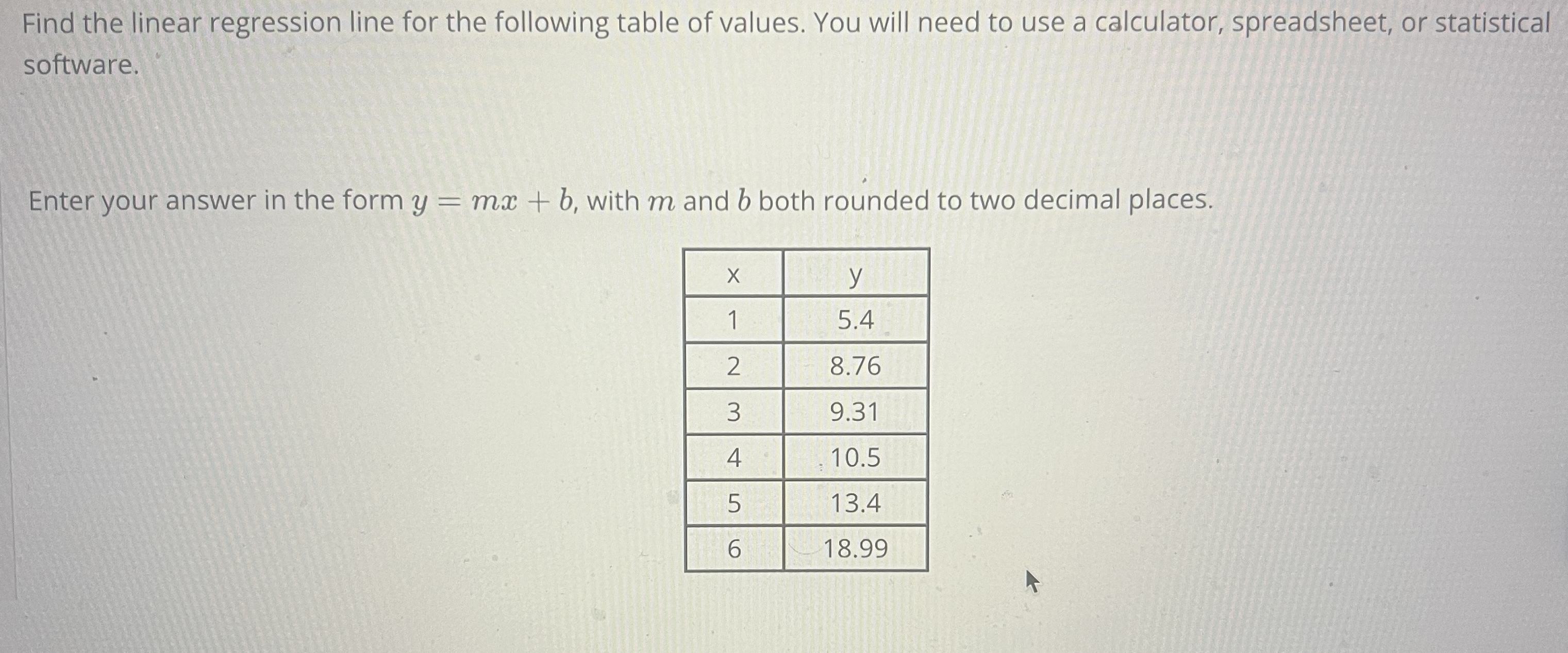 Solved Find the linear regression line for the following | Chegg.com