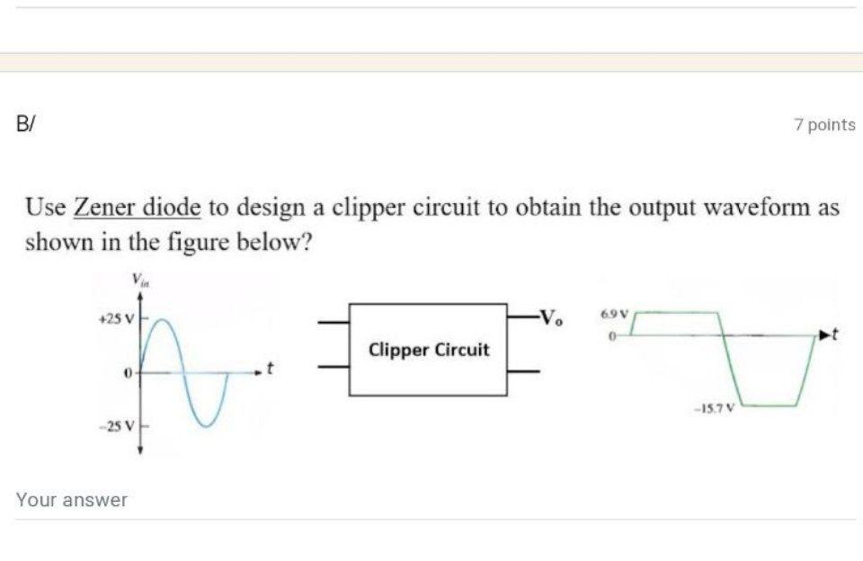 Solved B/ 7 points Use Zener diode to design a clipper | Chegg.com