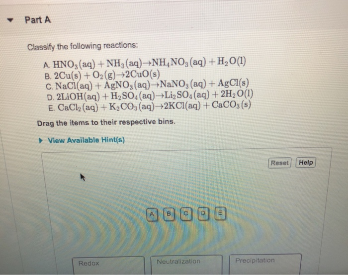 Solved Part A Classify the following reactions: A | Chegg.com