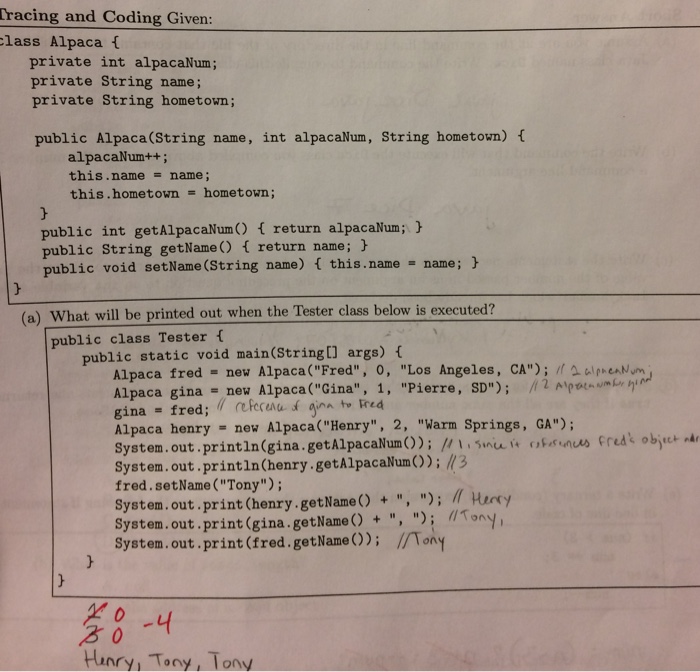 Solved racing and Coding Given lass Alpaca [ private int | Chegg.com