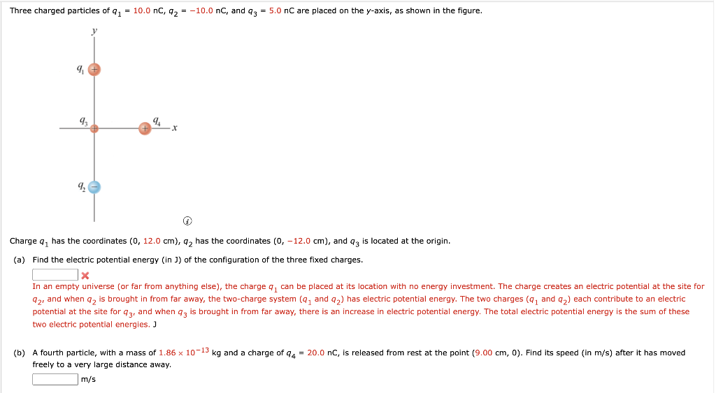 Solved Three charged particles of q1=10.0nC2q2=−10.0nCt and | Chegg.com