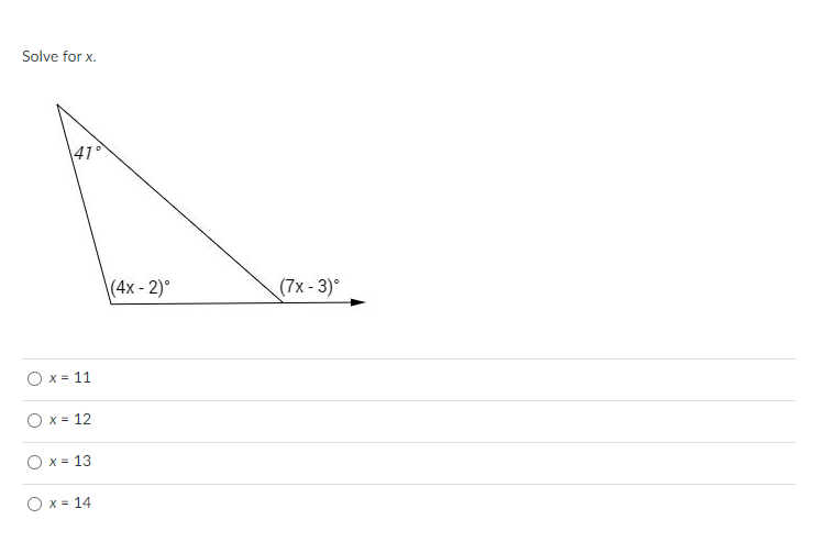 Solved Solve for x. 41° (4x - 2) (7x - 3) O x = 11 o x = 12 | Chegg.com