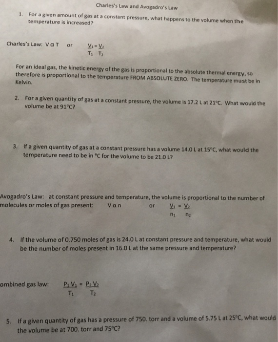 Solved Charles's Law and Avogadro's Law For a given amount | Chegg.com