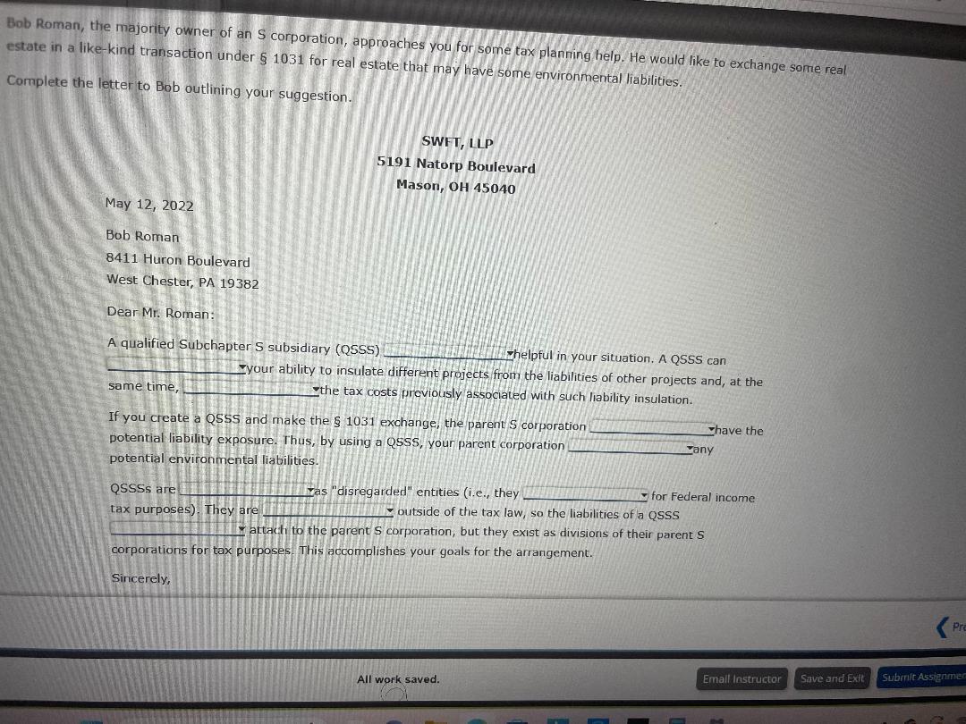 Solved Roman, the majority owner of an S corporation, | Chegg.com