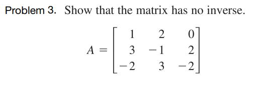 Solved Problem 3. Show that the matrix has no inverse. | Chegg.com