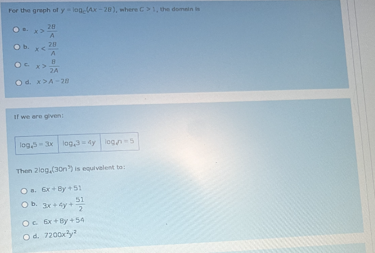 Solved For the gruph of y=logC(Ax−2B), where C>1, the domain | Chegg.com